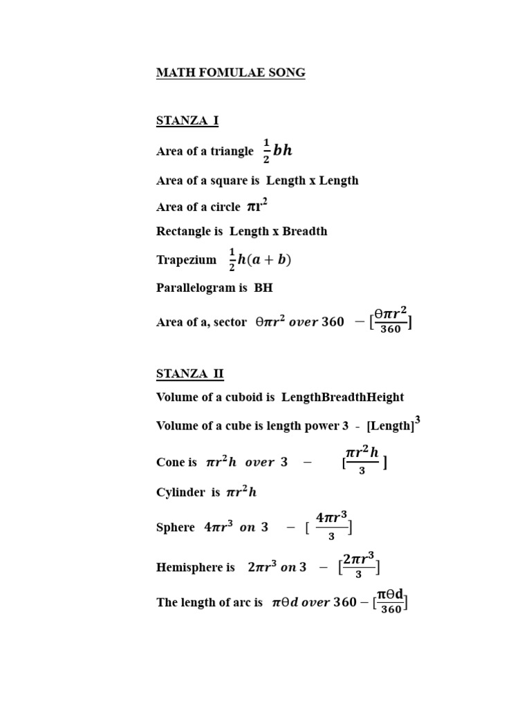 Maths Formulae Song Lyrics | PDF