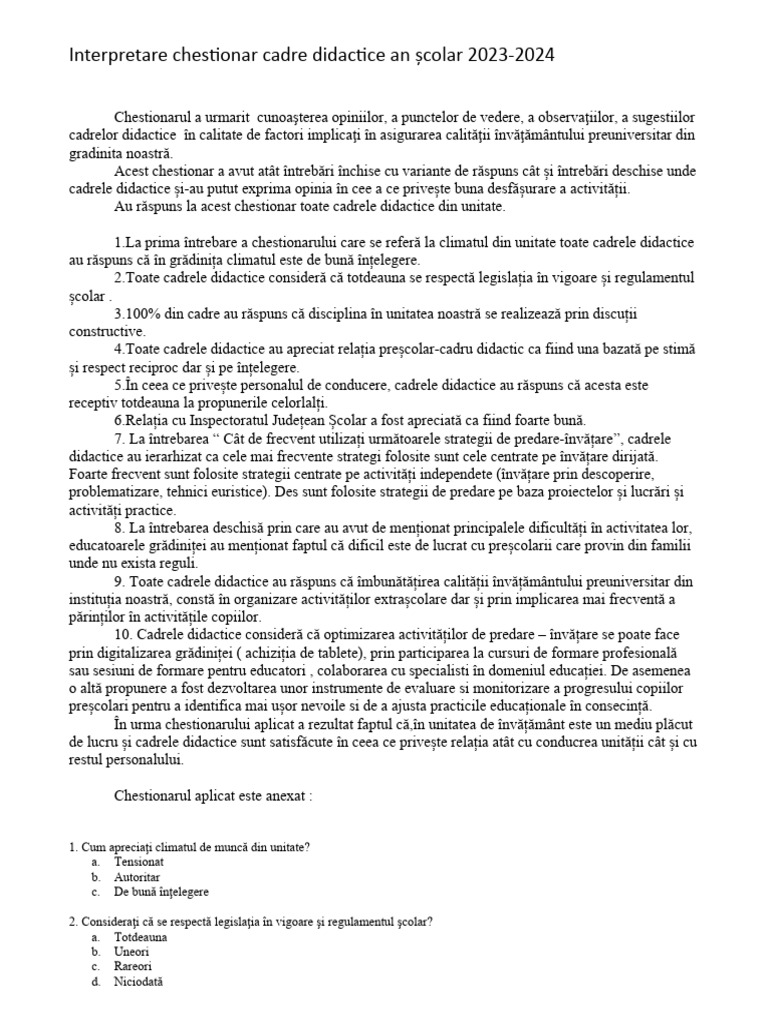 Interpretare Chestionar Cadre Didactice | PDF