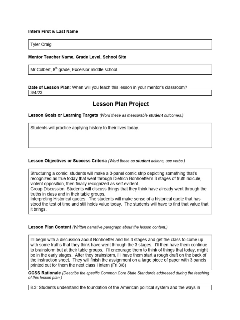 8th Grade History Lesson Plan | PDF | Lesson Plan | Pedagogy
