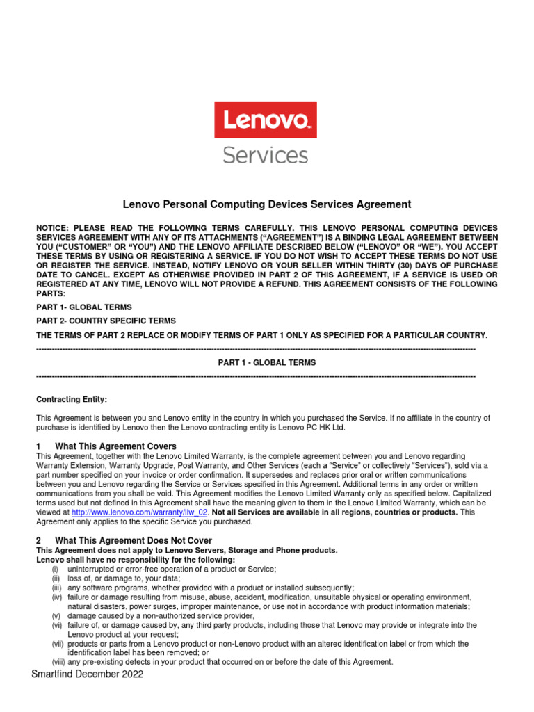 Lenovo Personal Computing Devices Services Agreement | PDF | Lenovo | Smartphone