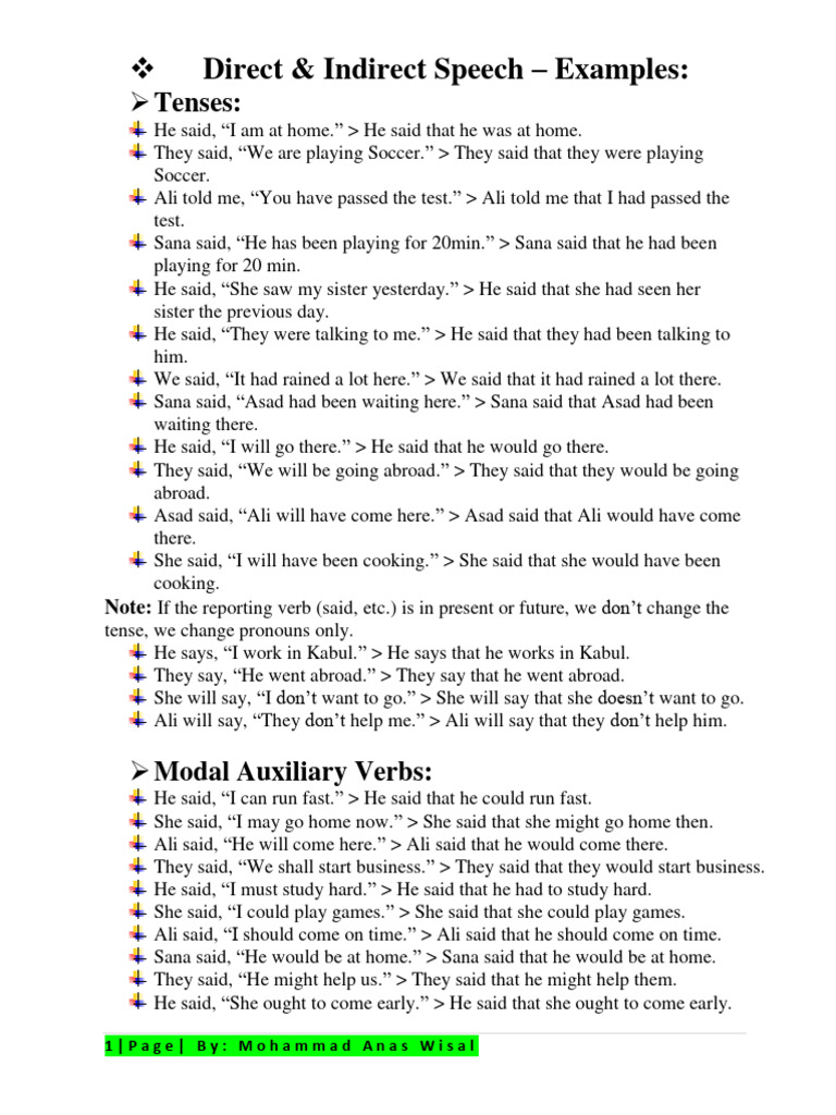 Direct & Indirect Speech - Examples | PDF | Semantic Units | Linguistic ...