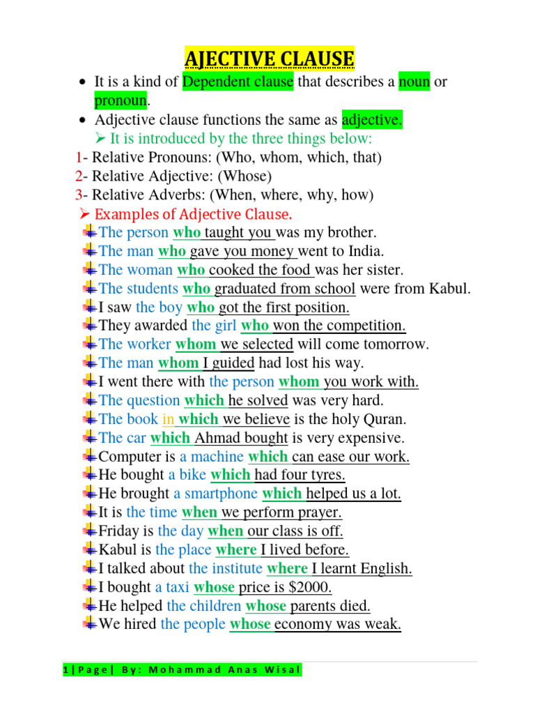 Adjective & Adverb and Noun Clauses-Examples | PDF | Adjective | Adverb