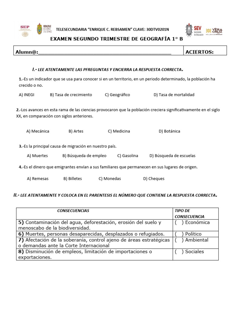 Examen de Geografía 1° B Telesecundaria | PDF | Cambio climático | Clima