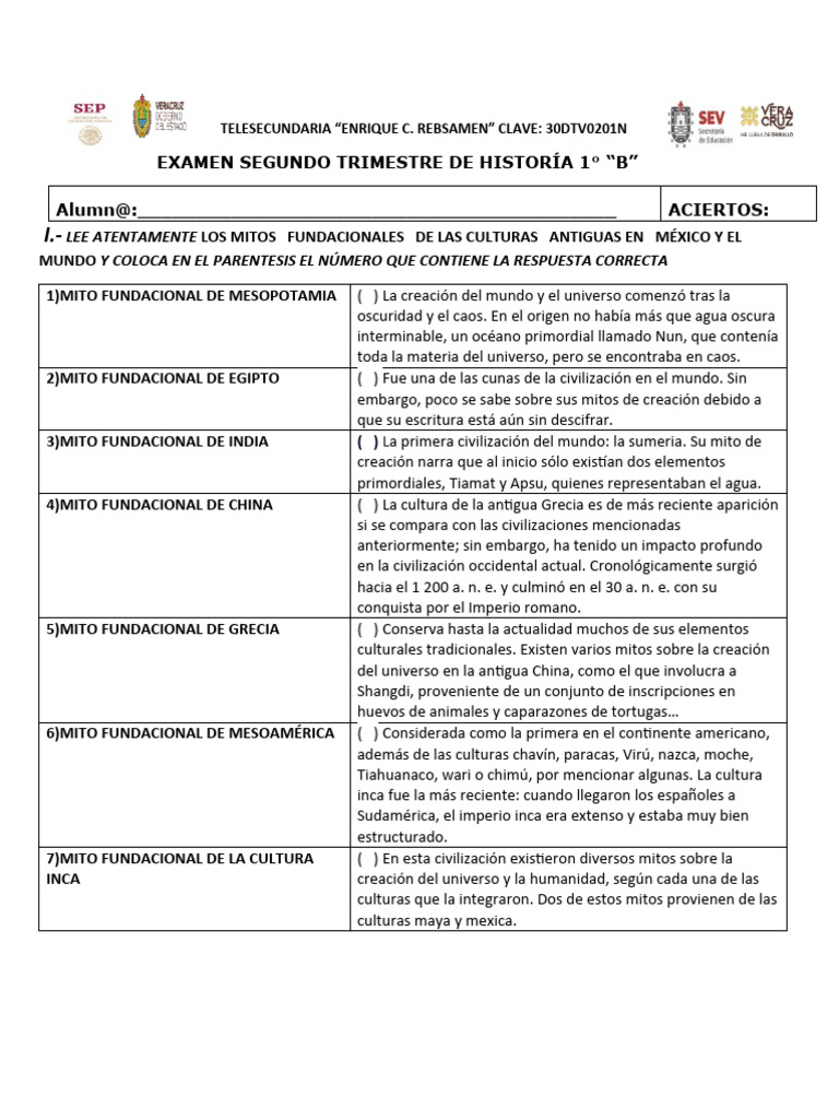 EXAMEN DE HISTORÍA 2do TRIMESTRE 2024 1B | PDF | Mitos de la creación | Violencia