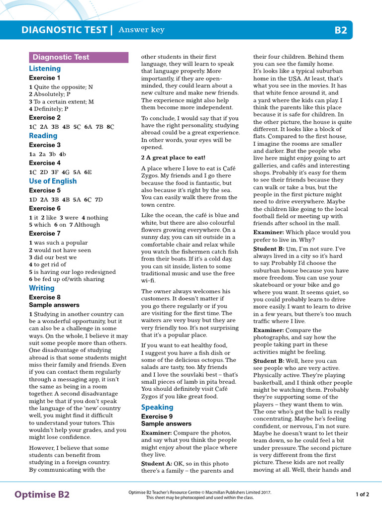 OPT B2 Diagnostic Test Answers | PDF