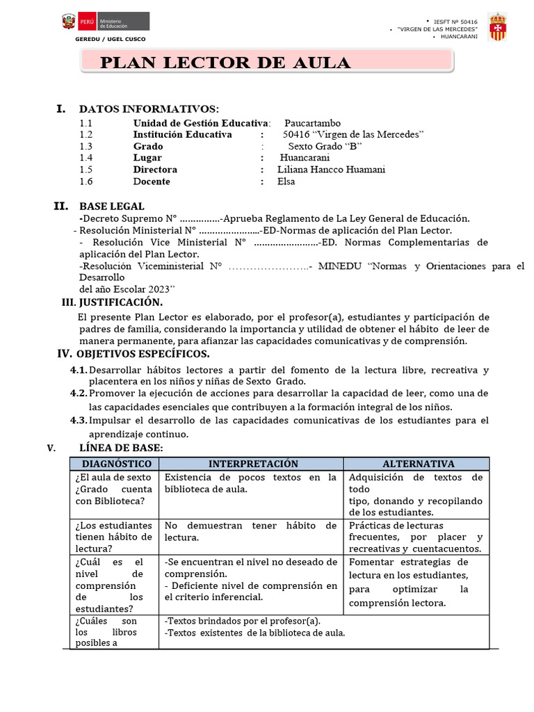PLAN LECTOR 6° 2023 | PDF | Maestros | Salón de clases