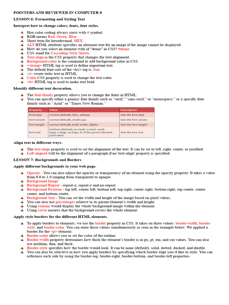 Pointers and Reviewer in Computer 8 | PDF | Typefaces | Html Element