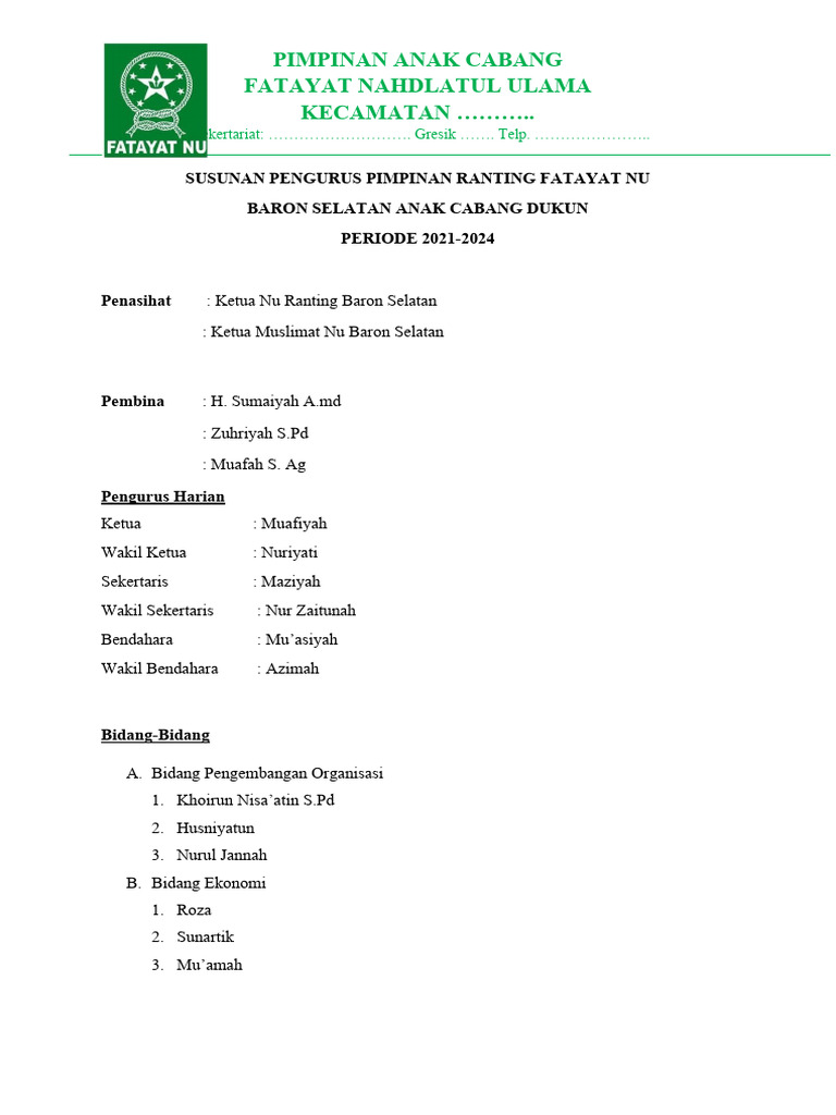 Susunan Pengurus Pimpinan Ranting Fatayat Nu Baron | PDF