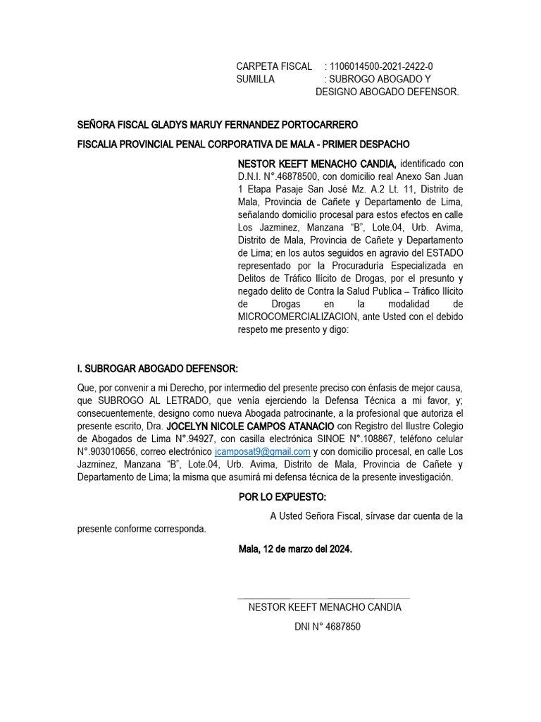 Subrogo y Designo Abogado Defensor. Nestor Menacho | PDF | Justicia ...