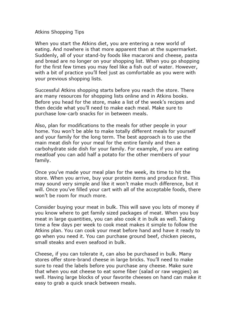 Atkins Shopping Tips | PDF | Meal | Atkins Diet
