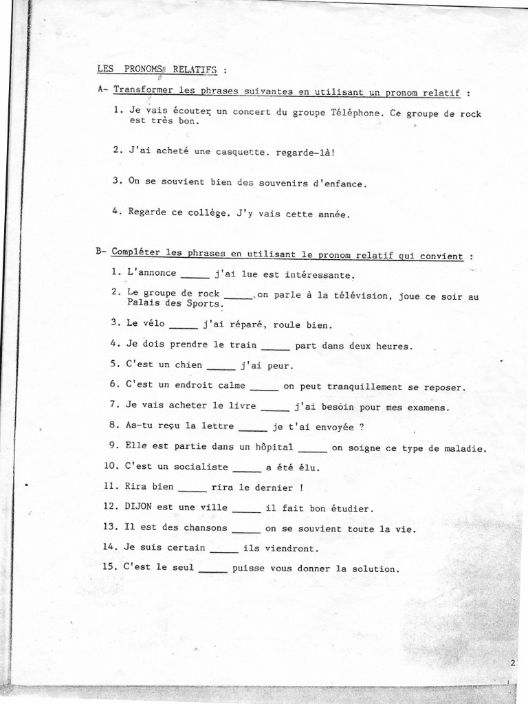 Exercices Sur Les Pronoms Relatifs Qui, Que, Dont, Où | PDF