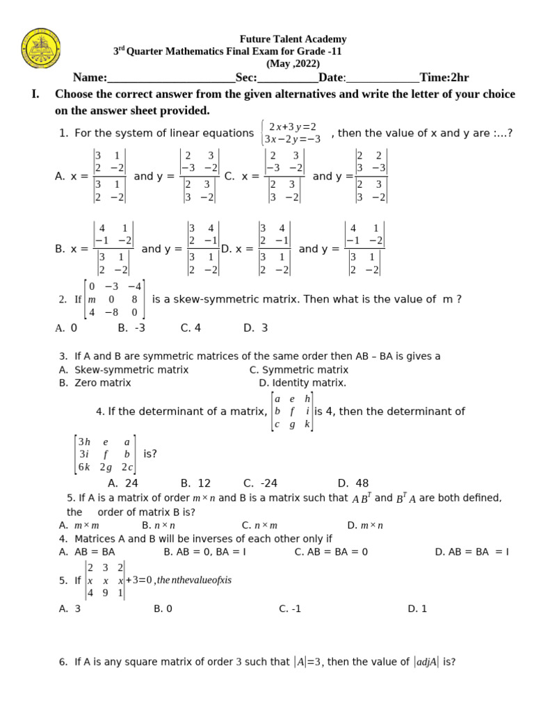 3rd Quarter Maths 2022 G11 | PDF | Matrix (Mathematics) | Operator Theory