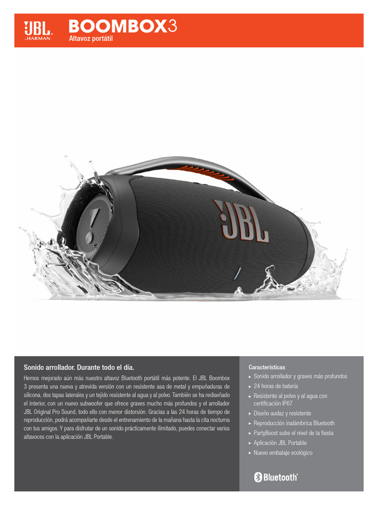 JBL Boombox 3 - Spec Sheet - ES | PDF | Altoparlante | Bluetooth