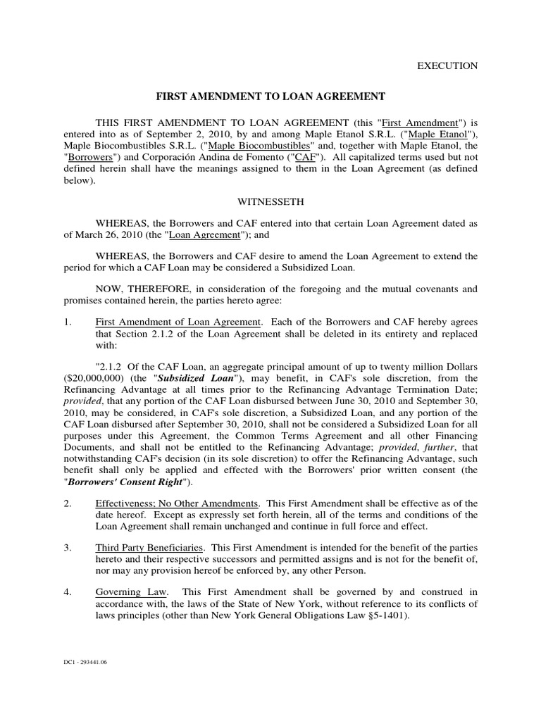First Amendment To CAF Loan Agreement (EXECUTION) | PDF | Loans | Business Law