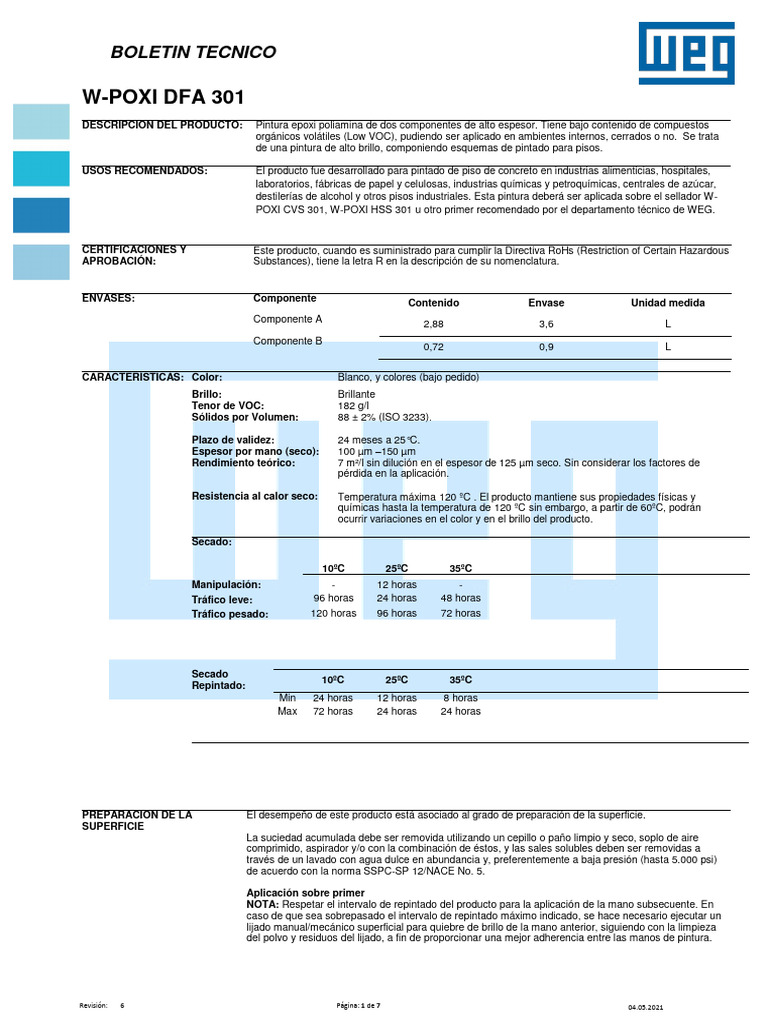 Weg TDS Wepoxi Dfa 301 | Descargar gratis PDF | Hormigón | Pinturas