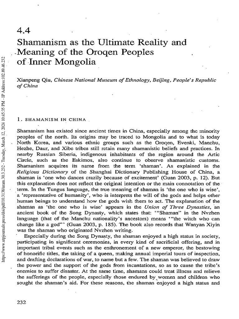 Qiu 2018 Shamanism As The Ultimate Reality and Meaning of The Oroqen Peoples of Inner Mongolia ...