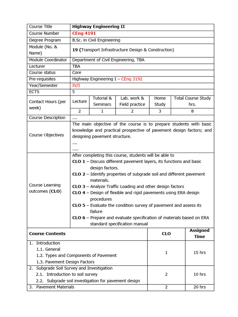 Sample for Civil Engineering Course syllabus (1) | PDF | Road Surface ...