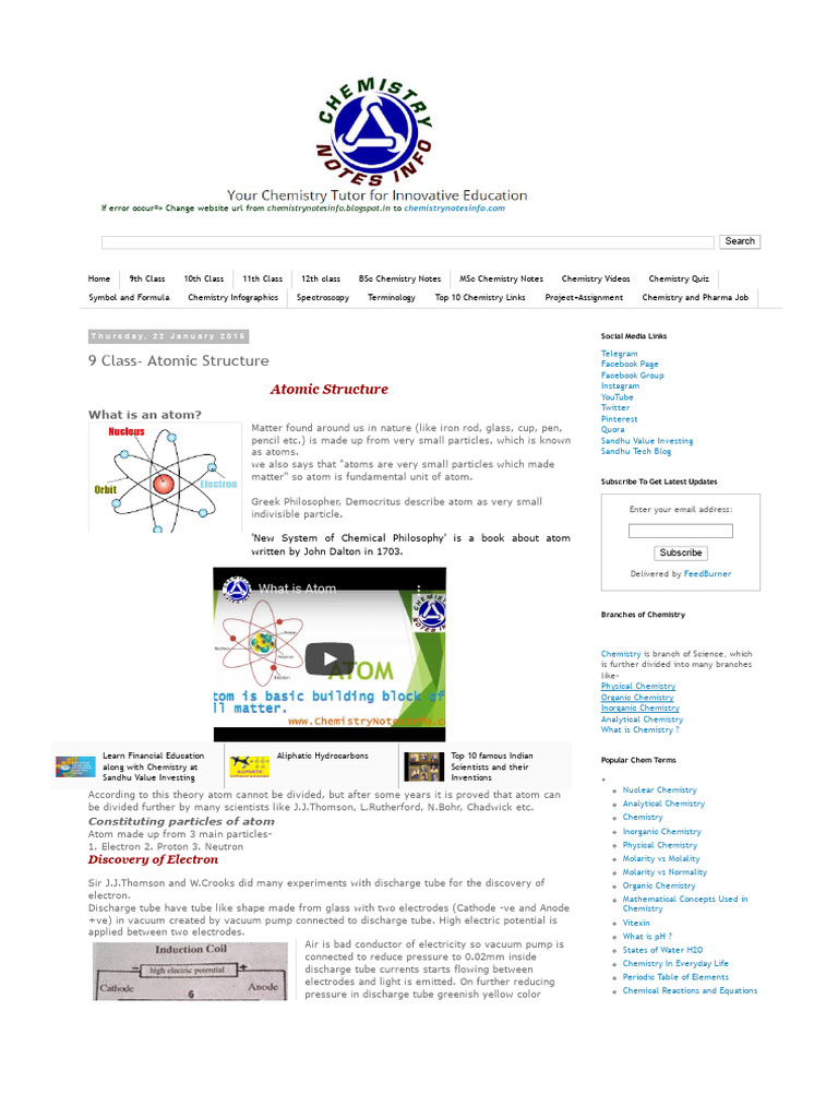 9 Class - Atomic Structure Notes PDF | PDF | Atoms | Atomic Nucleus