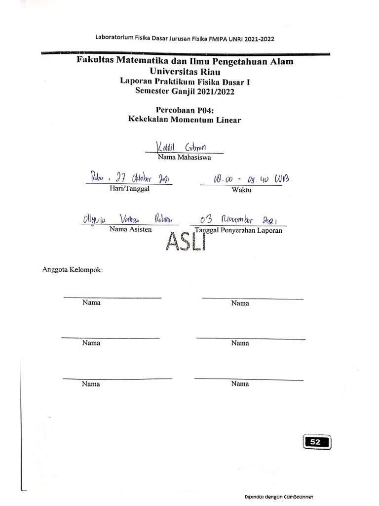 Laporan Fisika Dasar P04 (Kekekalan Momentum Linear) _Kahlil Gibran_2106134580_Kehutanan B | PDF