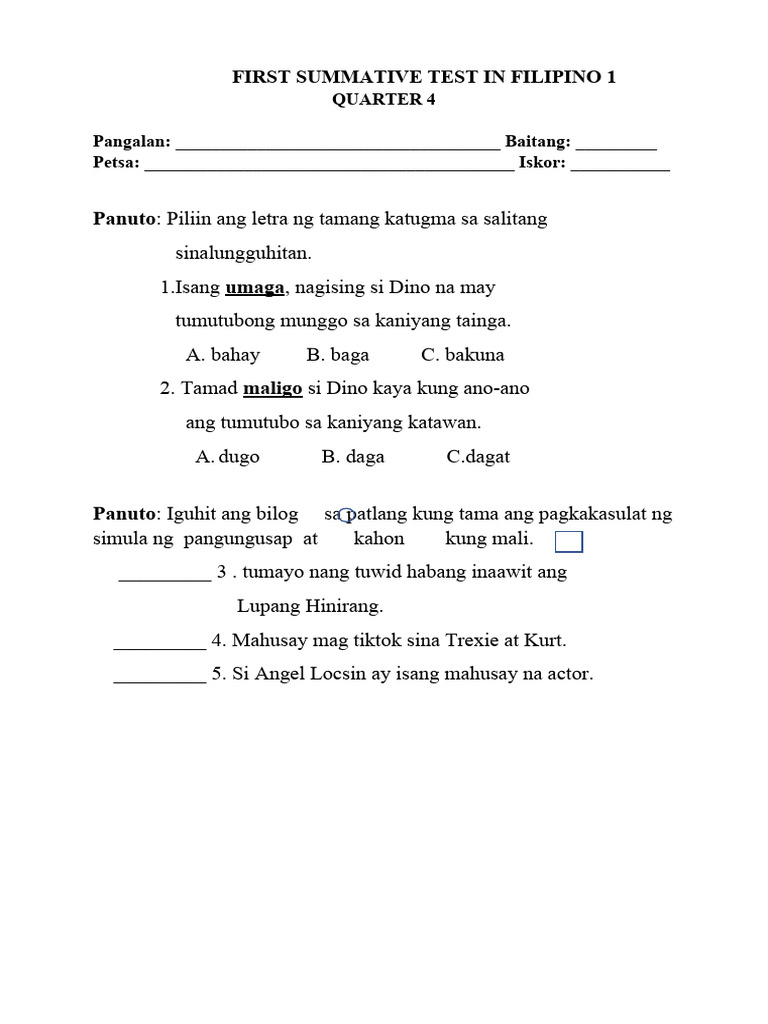 Grade 1 1st Summative Test in Filipino q4 | PDF