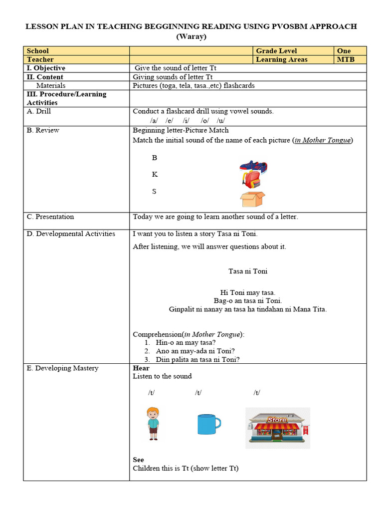 Lesson Plan in MTB (Pvosbm Approach) | PDF | Lesson Plan | Pedagogy