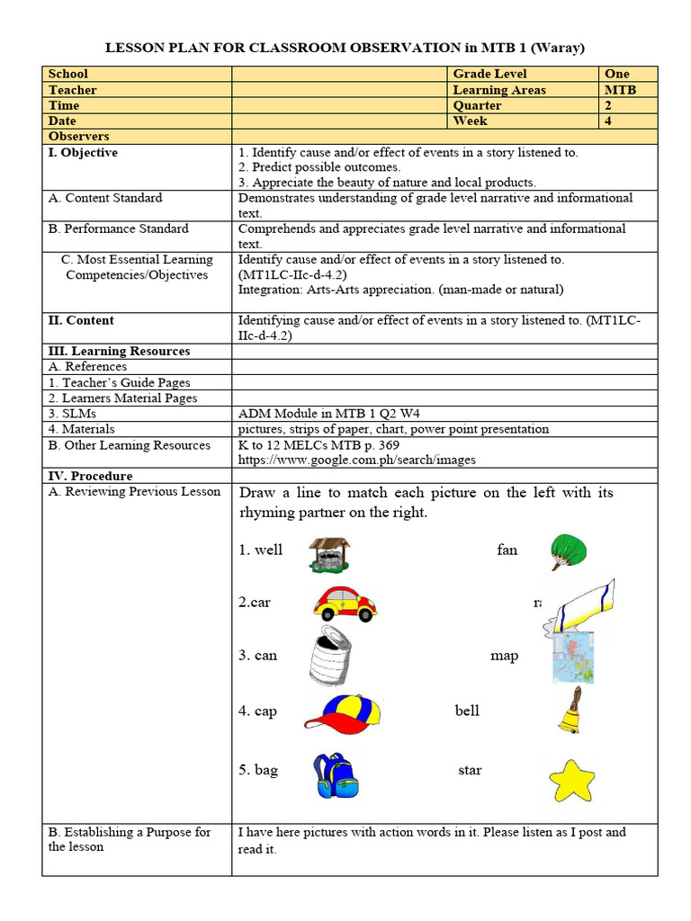 Lesson Plan in Mtb 1 | PDF | Lesson Plan | Learning