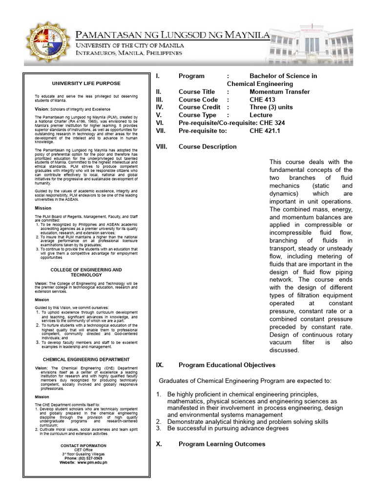 CHE 413 Momentum Transfer | PDF | Fluid Mechanics | Fluid Dynamics