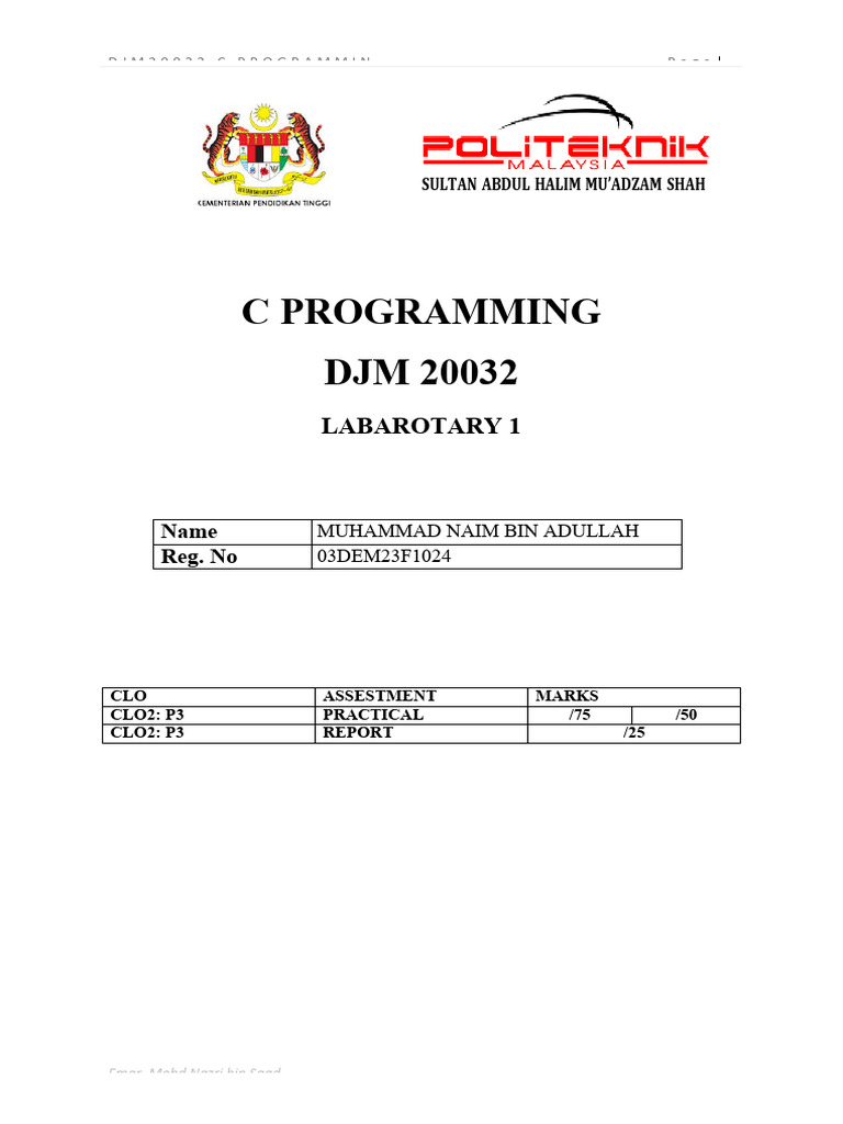 Lab1 - DJM20032 Naim | PDF | Reserved Word | C (Programming Language)
