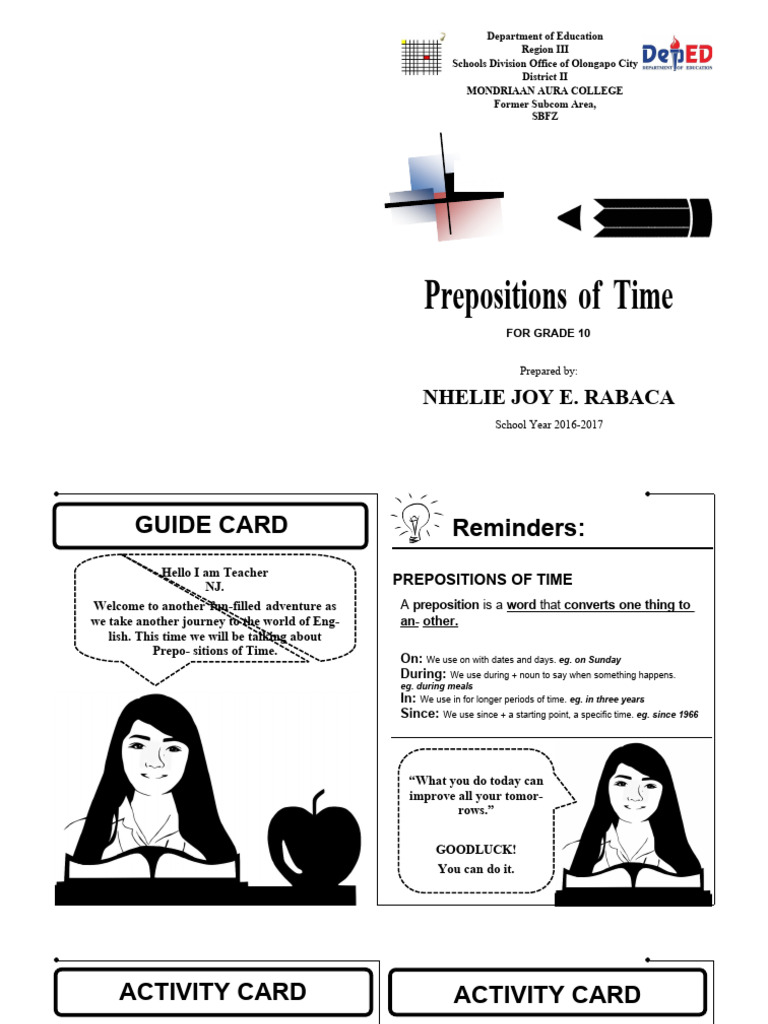 Prepositions of Time for Grade 10 | PDF