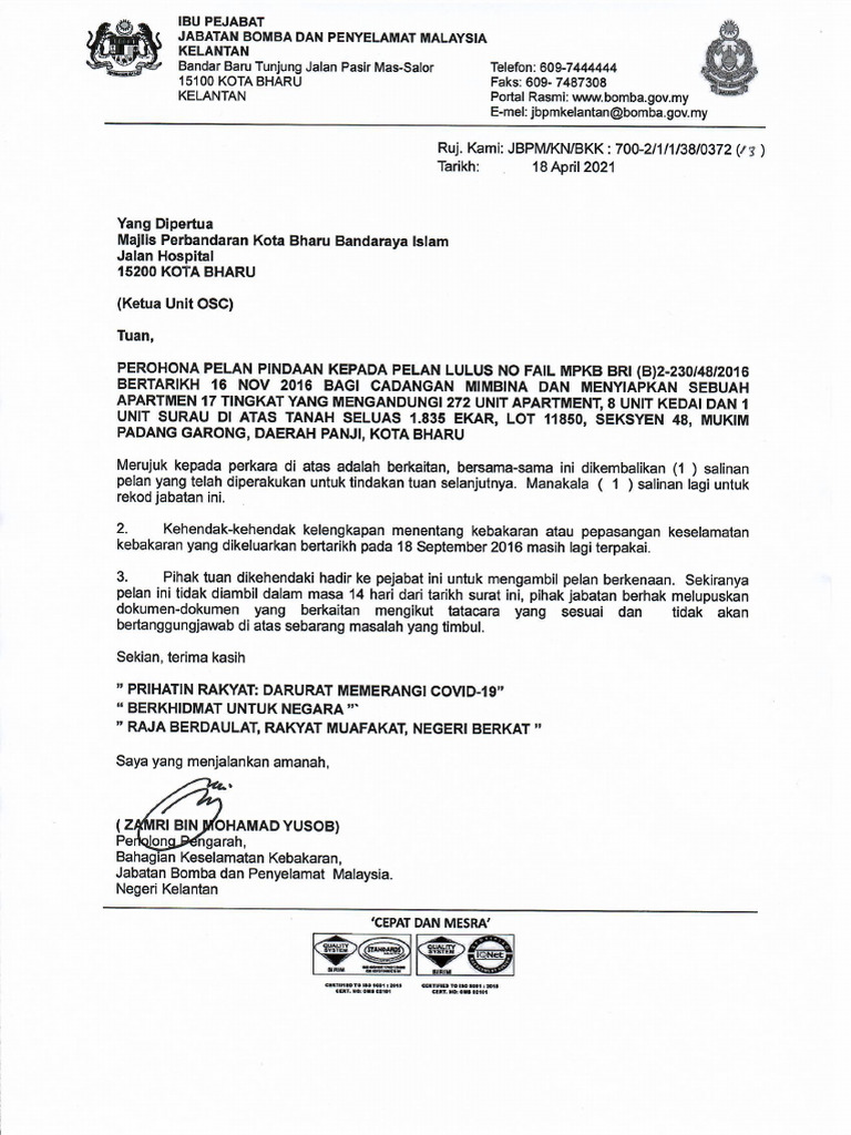 BBGMW - Residensi Platinum - Surat Sokong - Bomba - 18.4.2021 | PDF