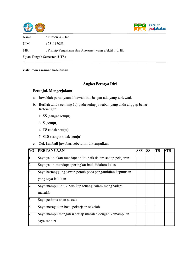 Lembar UTS Instrumen Asesmen Kebutuhan | PDF