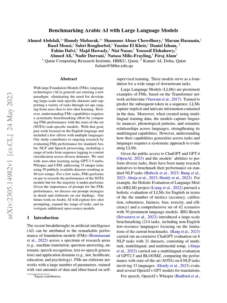 Benchmarking Arabic AI With Large Language Models | PDF | Speech ...