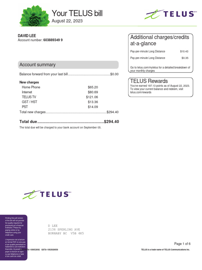 Telus 603889349 2023 08 22 | PDF | Credit Card | Long Distance Calling