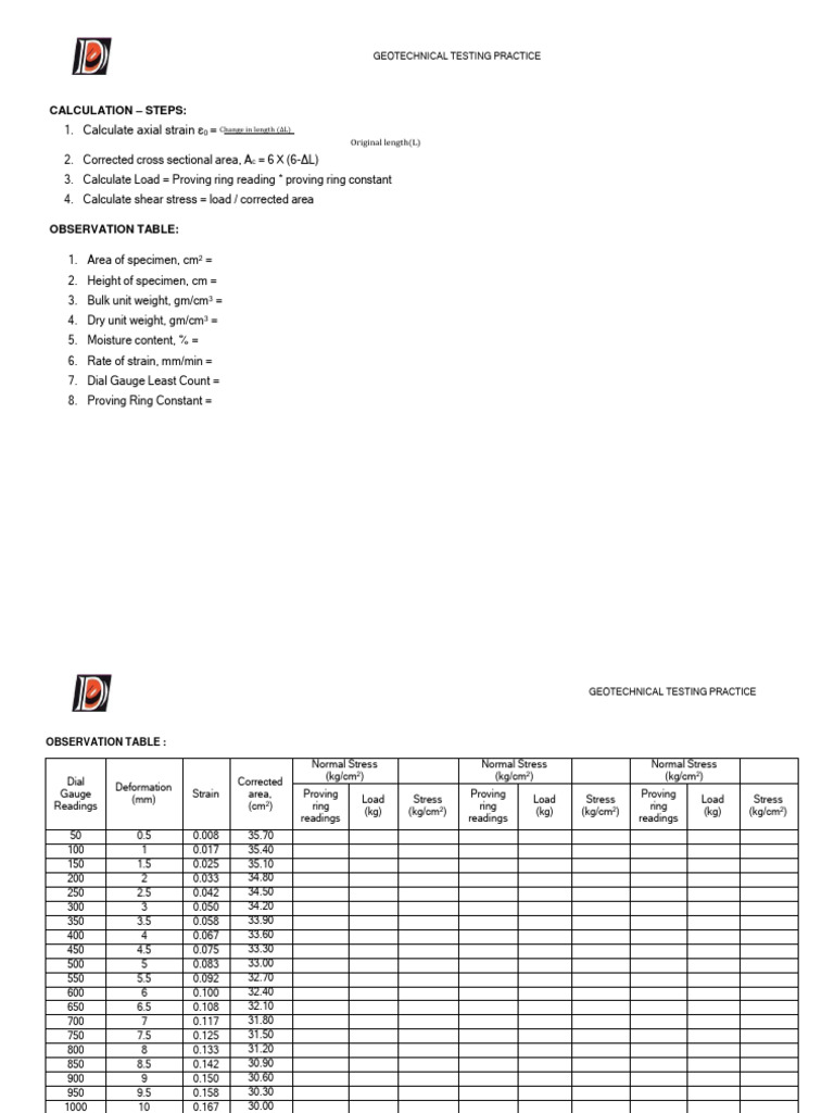 Box Shear Test Sheet | PDF | Stress (Mechanics) | Applied And ...