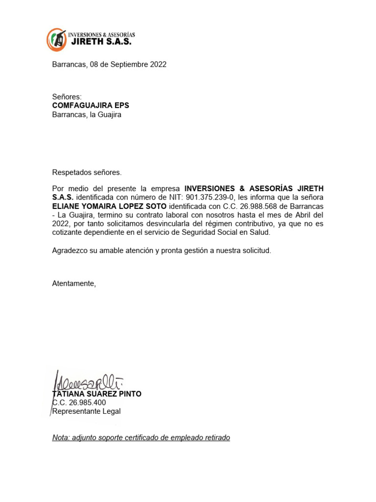 CARTA DE RETIRO REGIMEN CONTRIBUTIVO | PDF