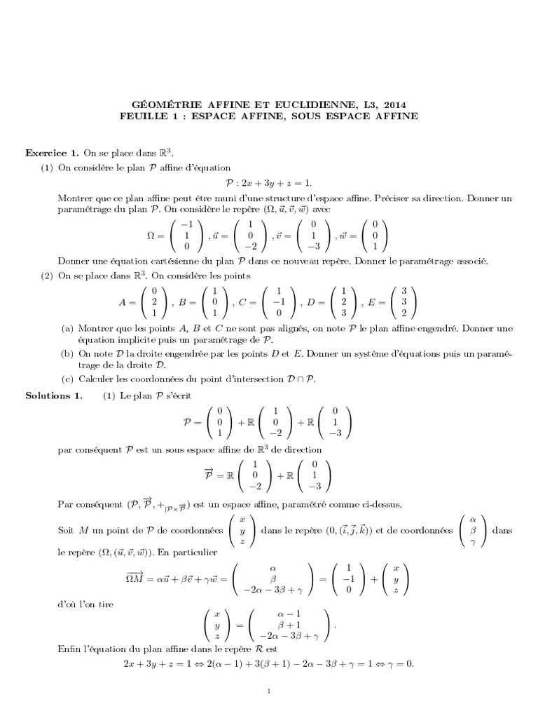 Exercices de géométrie affine L3 | PDF | Droite (mathématiques ...