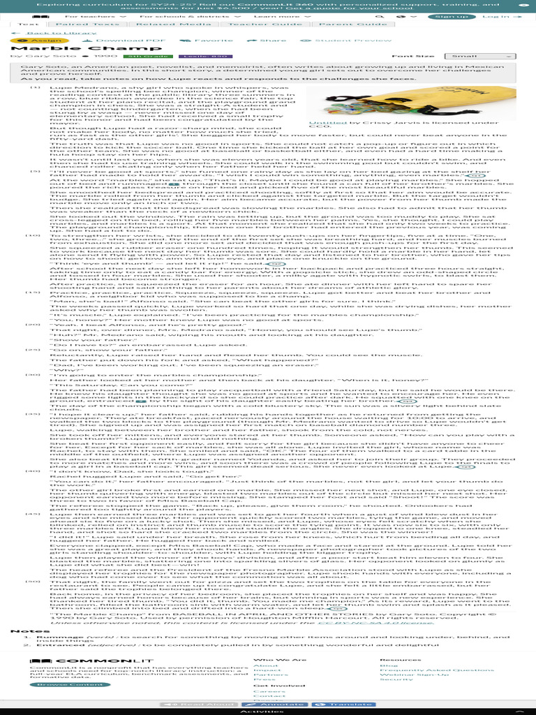 Marble Champ A Story by Gary Soto CommonLit | PDF