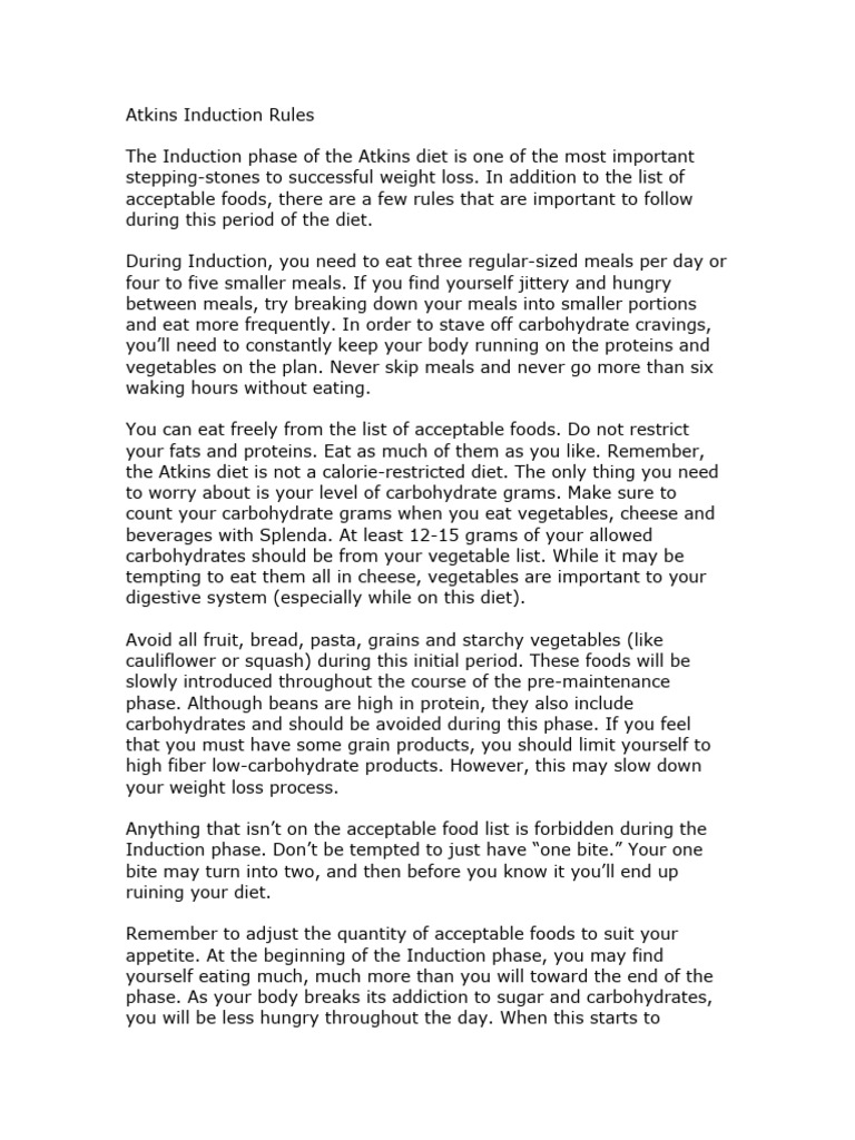 Atkins Induction Rules | PDF | Dieting | Atkins Diet