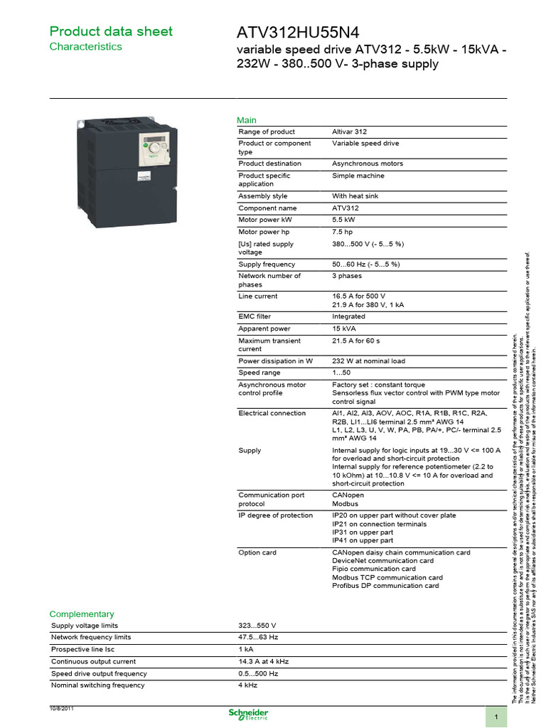 ATV312HU55N4 Variable Speed Drive Data | PDF | Electric Motor | Relay