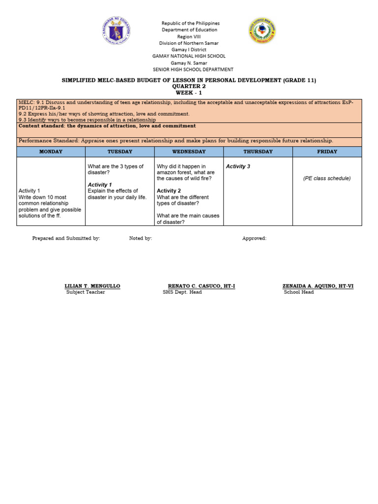 Grade 11 Personal Development Lesson Plan | PDF