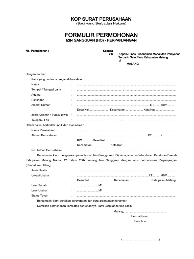 Permohonan Perpanjangan Izin Gangguan HO | PDF