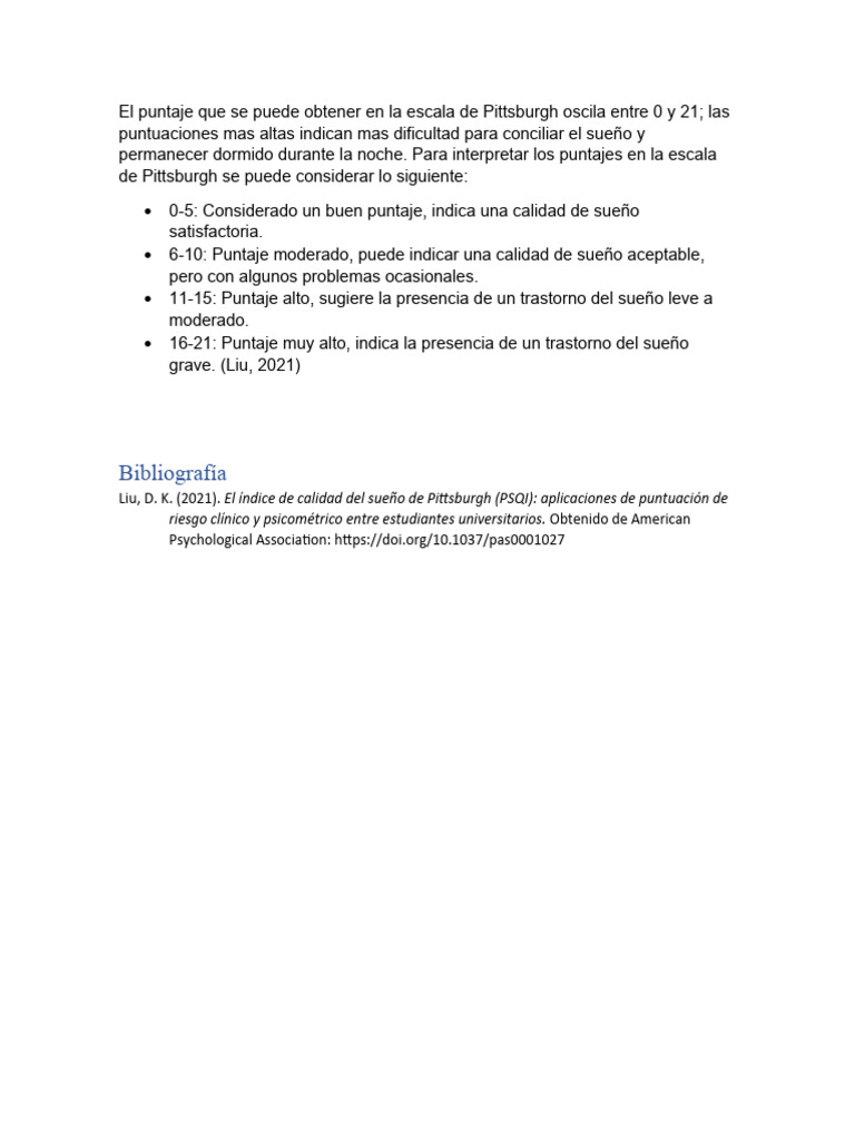 Valores de La Escala de Pittsburgh | PDF