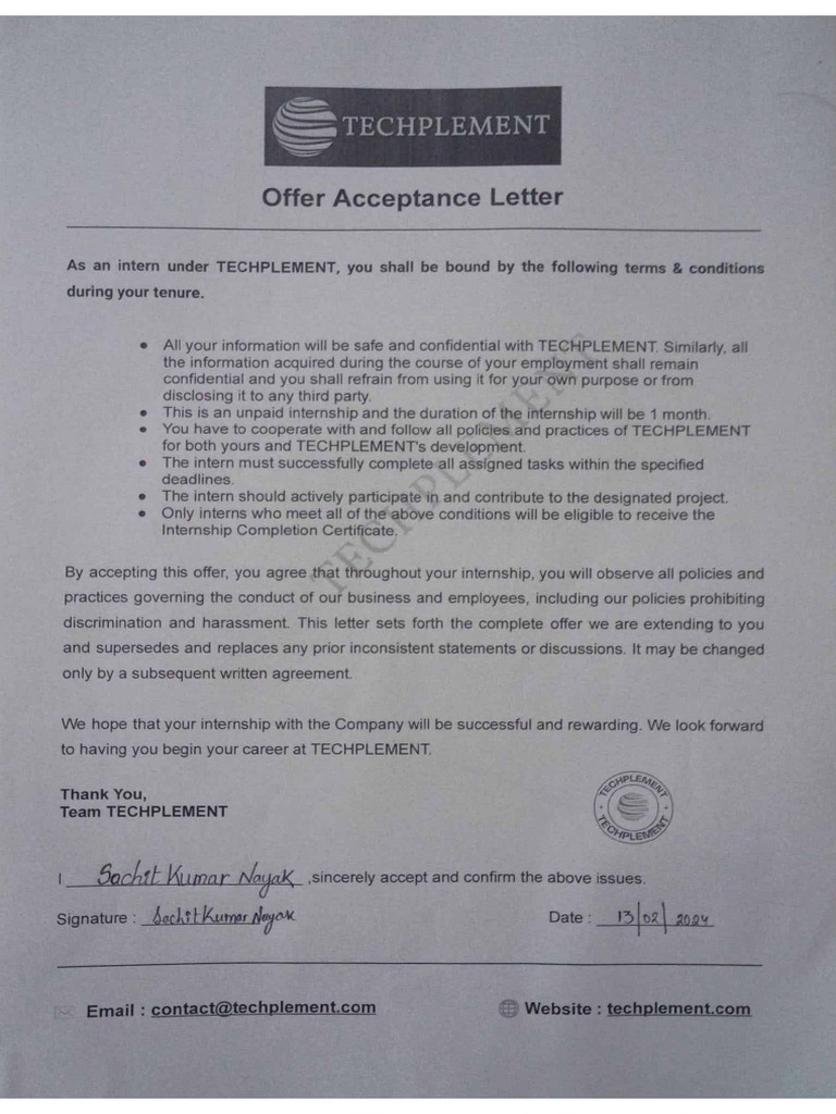 Techplement Acceptance Letter | PDF