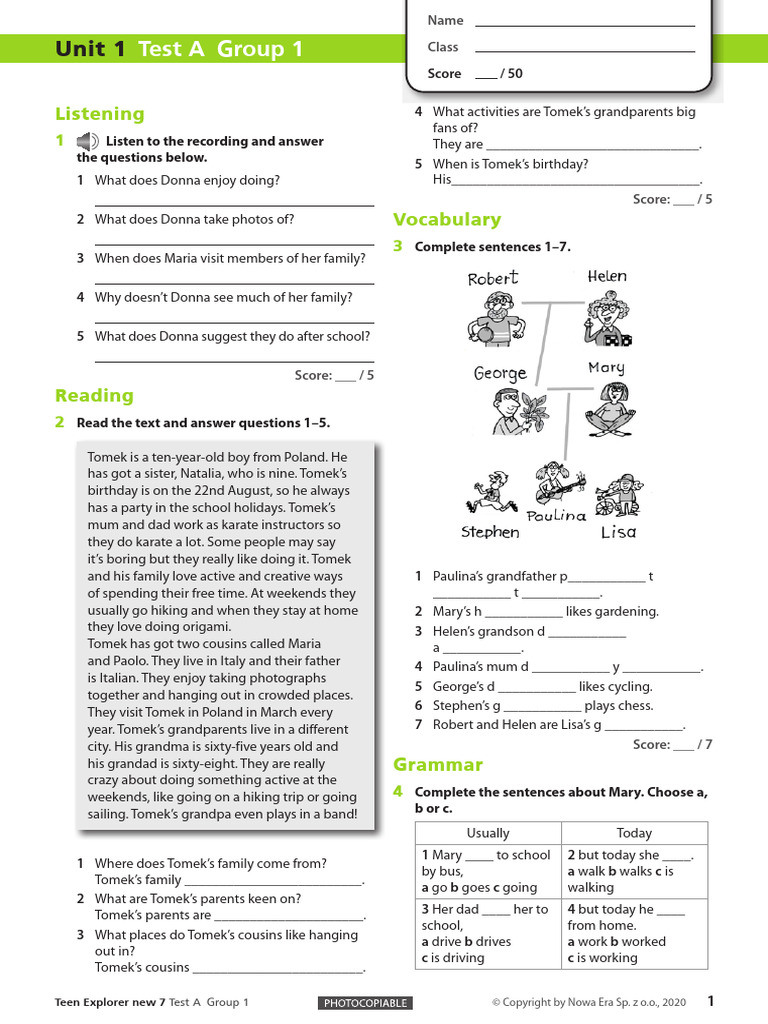 TeenExplnew U1 TEST A Gr1 | PDF | Grandparent