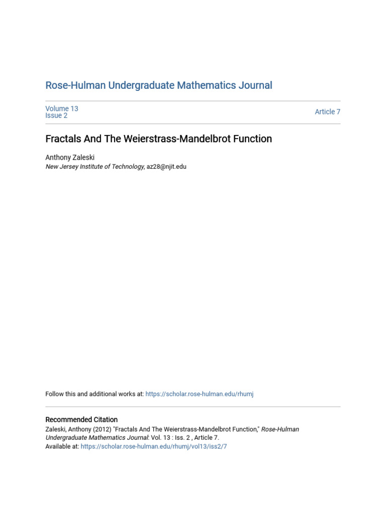 Zaleski (2012) Fractals and The Weierstrass-Mandelbrot Function | PDF | Fractal | Measure ...