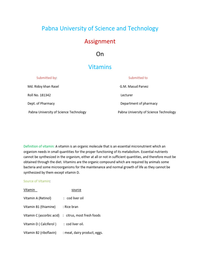 Pabna University of Science and Technology: Assignment | PDF | Vitamin ...