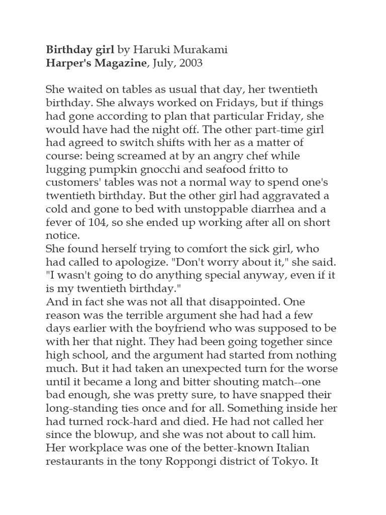 Birthday Girl by Haruki Murakami | PDF | Restaurants | Waiting Staff