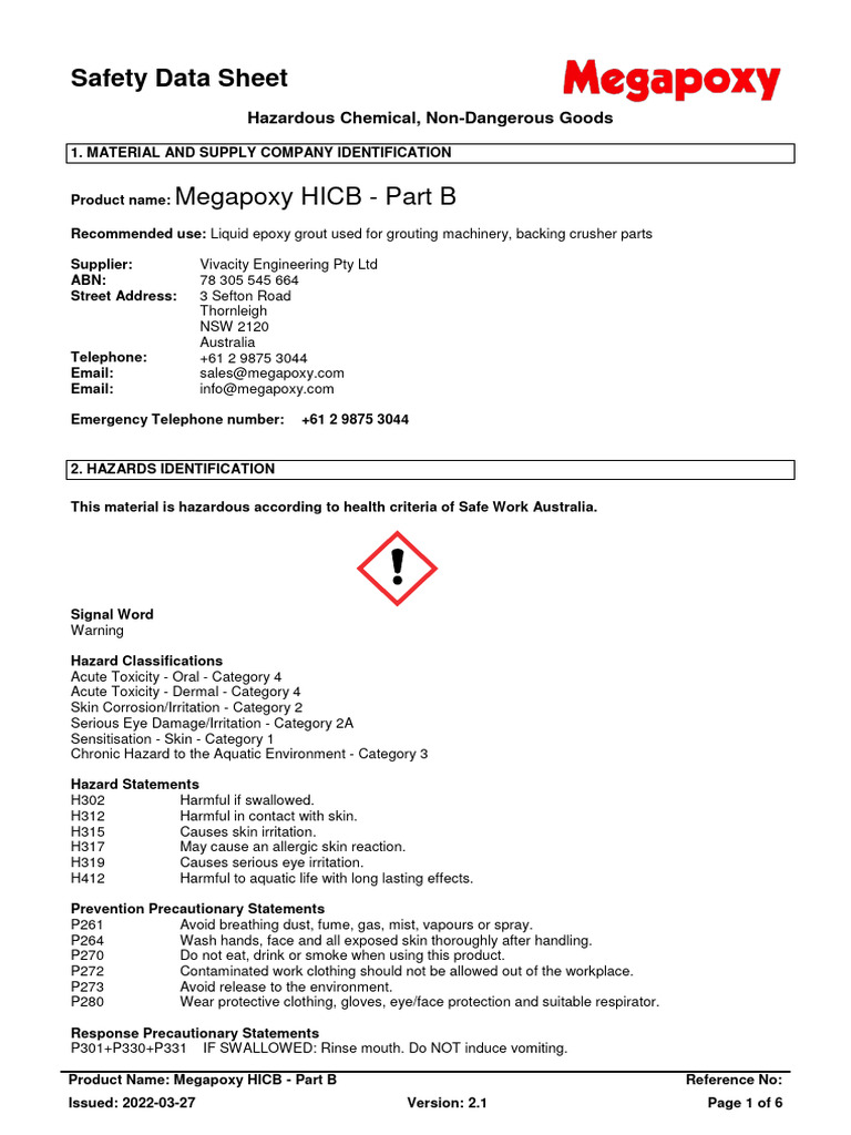 Resina MEGAPOXY HICB-Part-B-Version-2.1 - Ficha Segurança - ENG | PDF ...