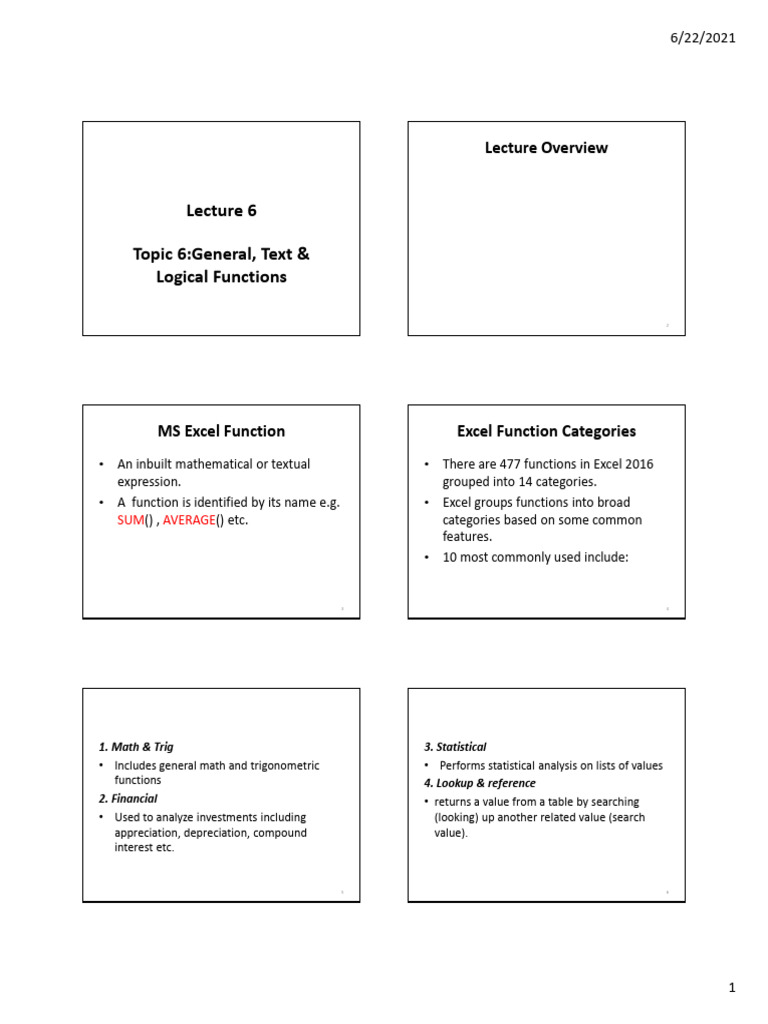 Excel Functions Overview and Examples | PDF | Function (Mathematics ...