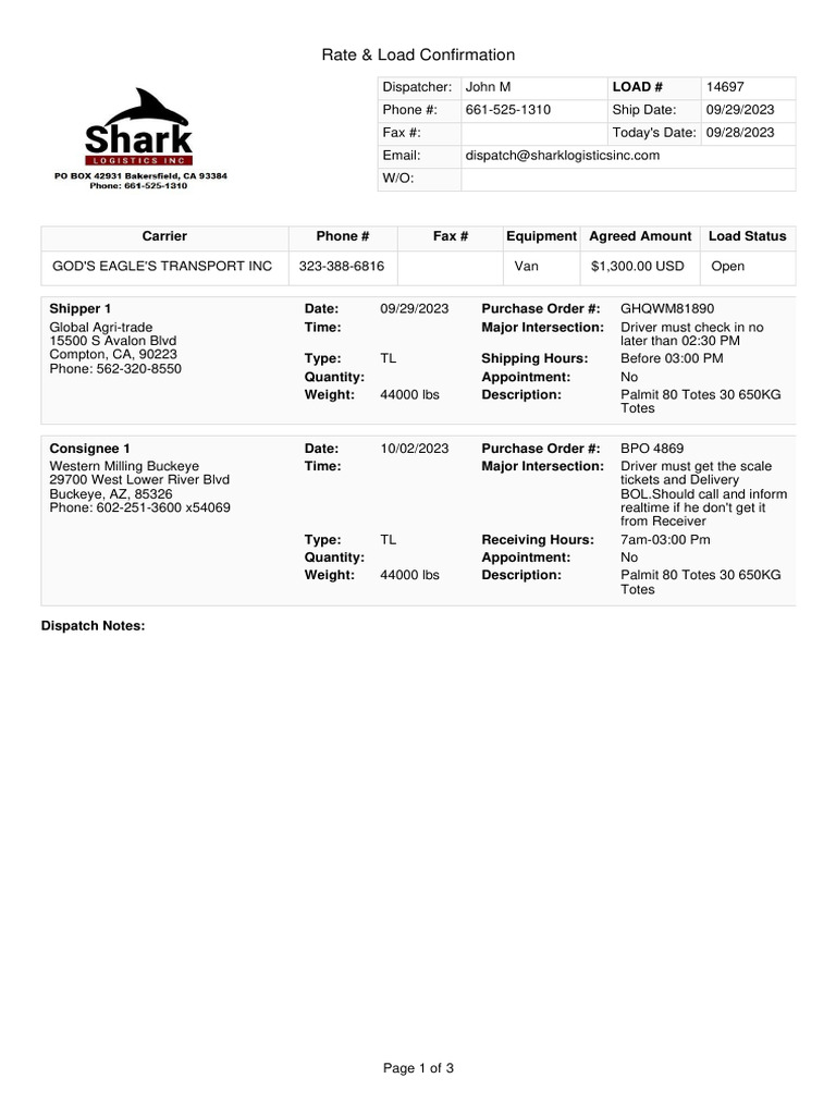 Load_Confirmation_14697_-_Shark_logistics SIGNED | PDF | Cargo | Bill ...